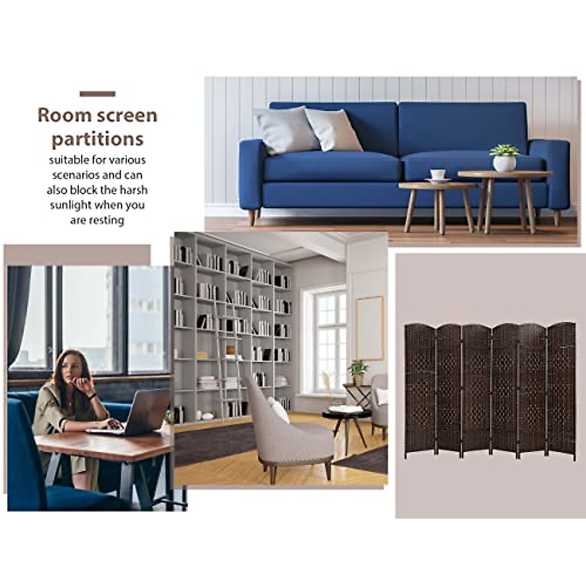 Room Divider 6 Ft Folding Wall Divider with Diamond Woven Fiber, Indoor Portable Room Partitions and Dividers for Room Separation,Rattan Room Dividers and Folding Privacy Screens,Brown(6 Panel)