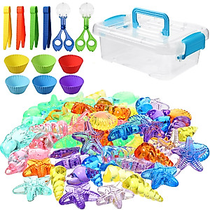 Meanplan Fine Motor Skills Set, 4 Tweezers, 80 Sorting Beads, 2 Jumbo Scissors Clips, 6 Colorful Sorting Cups with Storage Bin for Kids Early Education and Sorting Counting Training Development