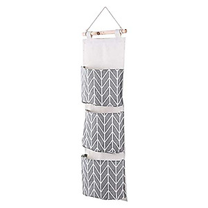 Oumefar 3 Pockets Hanging Pouch Cotton Linen Wall Hanging Storage Bags Door Pouch Bedroom Home Office Organizer 20x67cm(Gray)