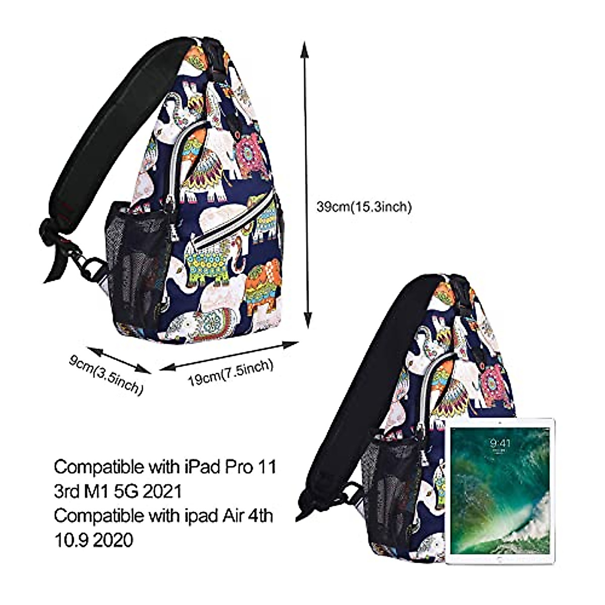 MOSISO Sling Backpack,Travel Hiking Daypack Pattern Rope Crossbody Shoulder Bag, Elephant