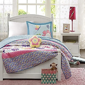 Mi Zone Kids Crazy Daisy Bedding For Girls Reversible Quilt Set - Sky Blue, Pink , Flowers, Butterfly, Polka Dots Reverse – Ultra Soft Microfiber Coverlet, Twin 3 Piece