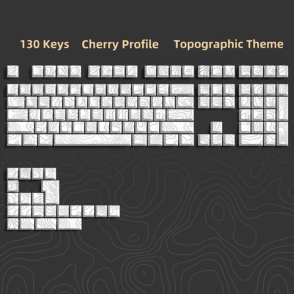 dagaladoo White Topographic keycaps Double Shot PBT keycaps Shine Through Keyboard Keys Side Printed Key caps Cherry Profile Custom keycap Set for100%, 75%, 65%, 60% US Layout Mechanical Keyboard