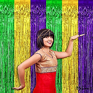 4 Pack 3.2Ft x 6.6Ft Mardi Gras Fringe Curtain Backdrop, Gold Green Purple Metallic Tinsel Foil Fringe Streamers Curtains Background for Photo Booth Birthday Wedding Carnival Party Decorations