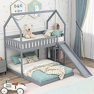 TARTOP Twin Over Full House Bunk Bed with Slide, Wood Floor Bunk Bed with Built-in Ladder, Full-Length Guardrail, for Kids Girls Boys,Gray