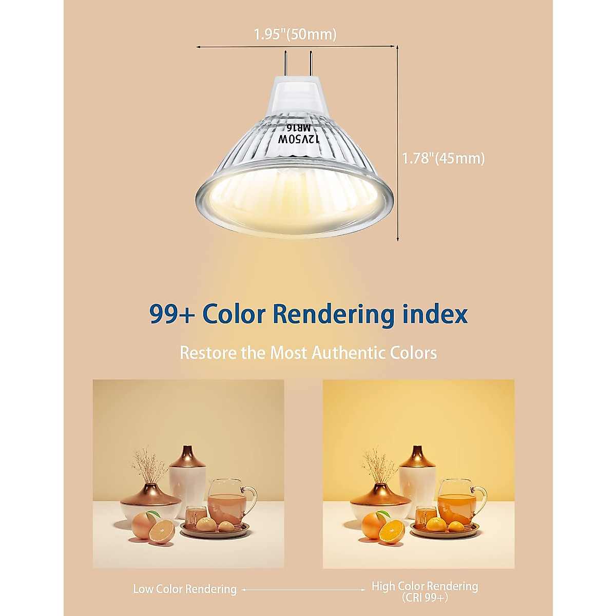 RAGFOZ Mr16 Halogen Bulb 50W, 6Pcs 50W 12V Halogen Light Bulbs 2 pin, GU5.3 Track Light Bulbs for Landscape Lights, Track Lights, Fiber Optics, Desk Lamps, Dimmable, 2700K Warm White