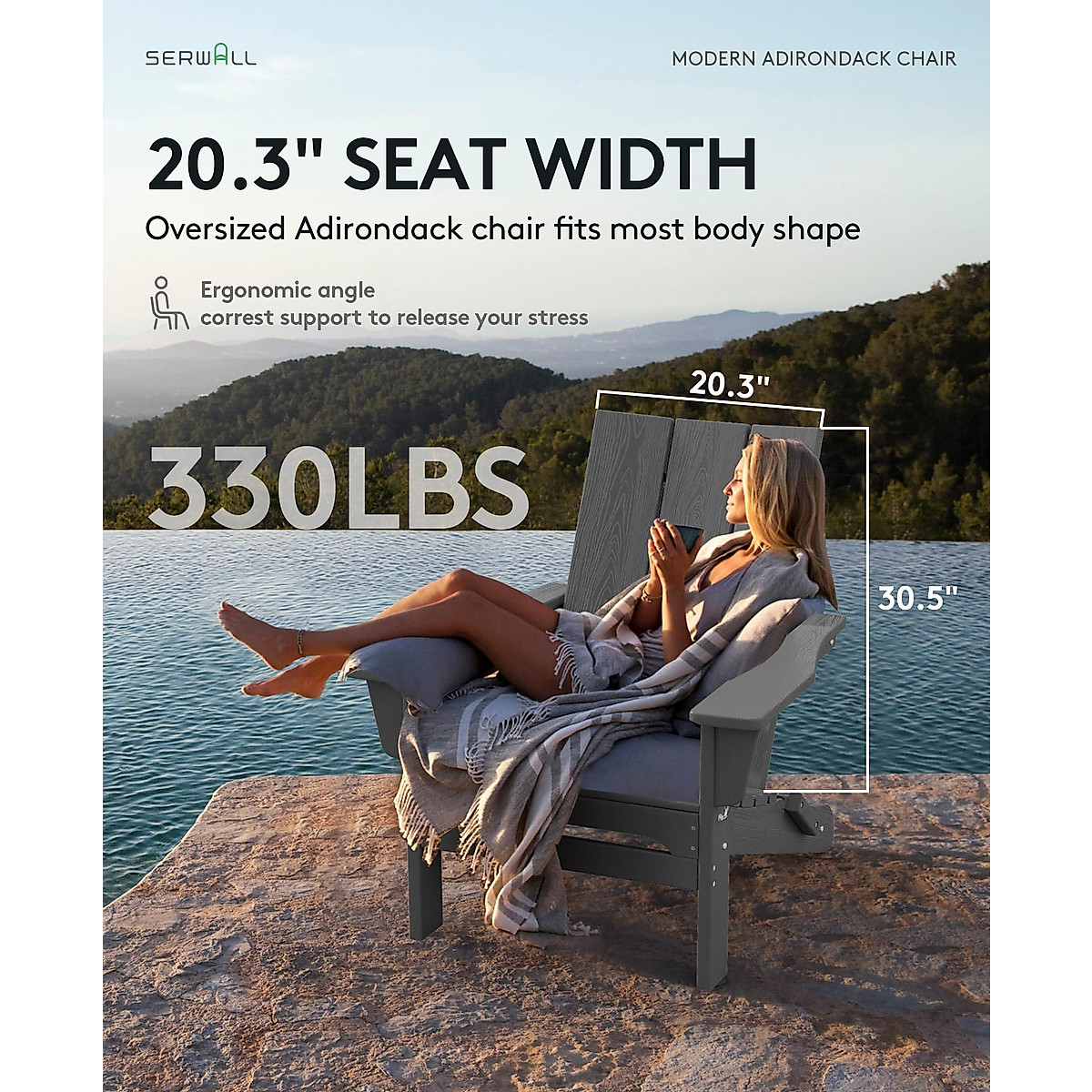 SERWALL Modern Folding Adirondack Chair，Oversized Folding Adirondack Chair with Curved Backrest, HDPE Outdoor Adirondack Chair, Gray