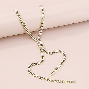 Chargances Golden Sparkly Rhinestone Y Lariat Long Necklace Tennis Crystal Backdrop Statement Necklace for Women