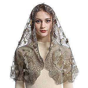 Bozidol Catholic Chapel Mantilla Veil Spanish Lace Head Covering Church Mass Veil for Religious Christian (Black-Gold)