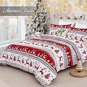 Luxudecor Christmas Duvet Cover Set Queen Size Deer Snowflake Christmas Tree Duvet Cover Soft Microfiber Bedding Set with Pillowcase for Christmas New Year (3pcs, 90"x90")