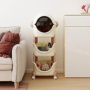 BanaSuper Kids Storage Cart with Wheels Spaceman Shape 3-Tier Rolling Bins for Toddler Dustproof Cover Children Toy Storage Organizer for Kids in Playroom Bedroom Nursery (Pink)