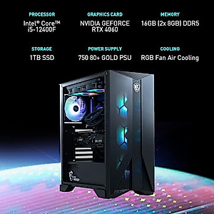 MSI Aegis R (Tower) Gaming Desktop, Intel Core i5-12400F, GeForce RTX 4060, 16GB Memory (8GB x 2), 1TB SSD, USB Type-C, VR-Ready, Windows 11 Home Plus,Black