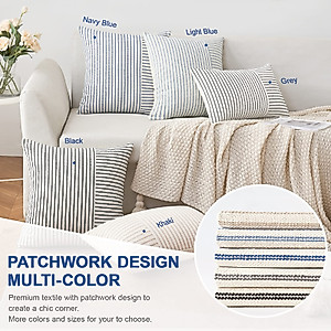 MIULEE Grey and Beige Patchwork Farmhouse Pillow Covers 18x18 Inch, Pack of 2 Striped Linen Decorative Modern Accent Pillow Cases for Sofa Couch Bedroom