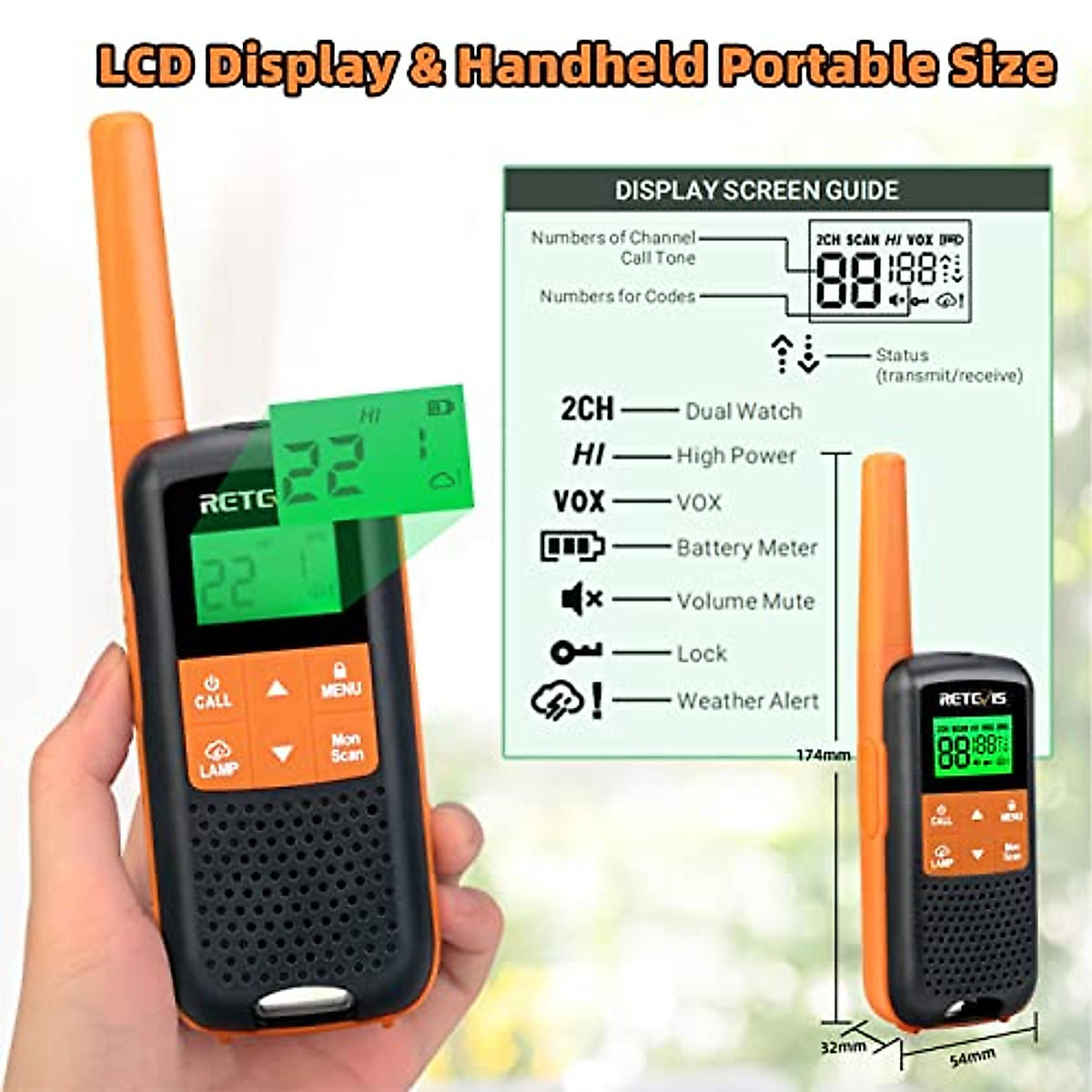 Retevis RT49 Walkie Talkies Rechargeable,IP65 Waterproof Two Way Radios for Adults, NOAA VOX Flashlight 1200mAh AA Battery, Long Range 2 Way Radio for Outdoor Hiking Camping Skiing(2 Pack)