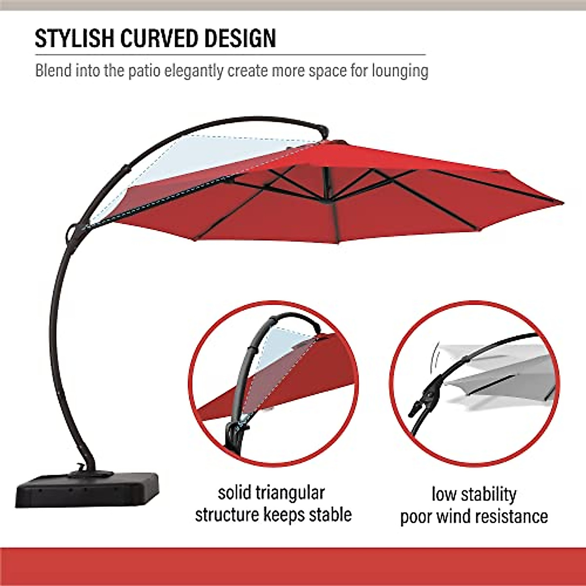 LAUSAINT HOME 12FT Deluxe Patio Umbrella with Base Included, Outdoor Large Hanging Cantilever Curvy Umbrella with 360° Rotation for Pool, Garden, Deck, Lawn (Red, 12FT)