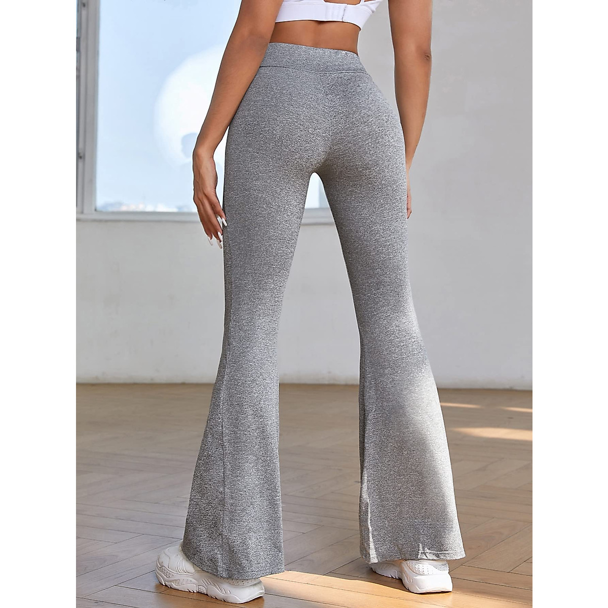 OYOANGLE Women's Yoga Flare Leg Bell Yoga Pants High Waisted Bootcut Bottom Yoga Leggings Grey M