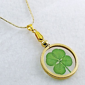 Clovers Online Good Luck Preserved Four Leaf Clover Gold Charm Pendant Necklace