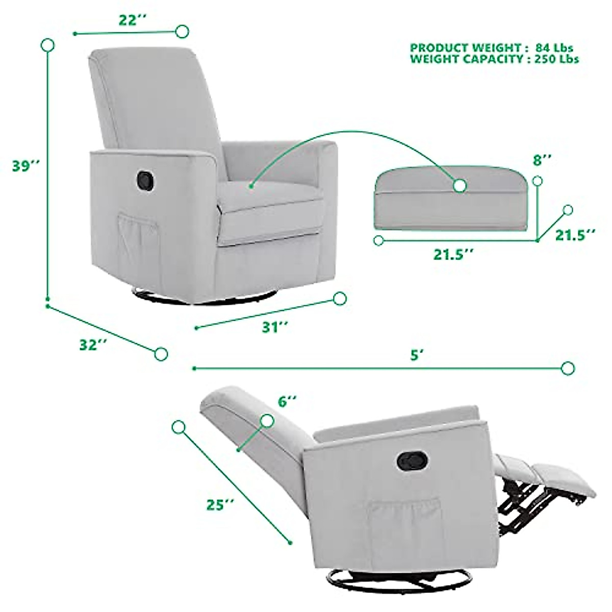 Evolur Raleigh Upholstered Plush Seating Glider Swivel, Recliner, Glider For Nursery In Misty Grey, Greenguard Gold Certified, Modern Nursery Recliner, Environmentally Conscious Glider