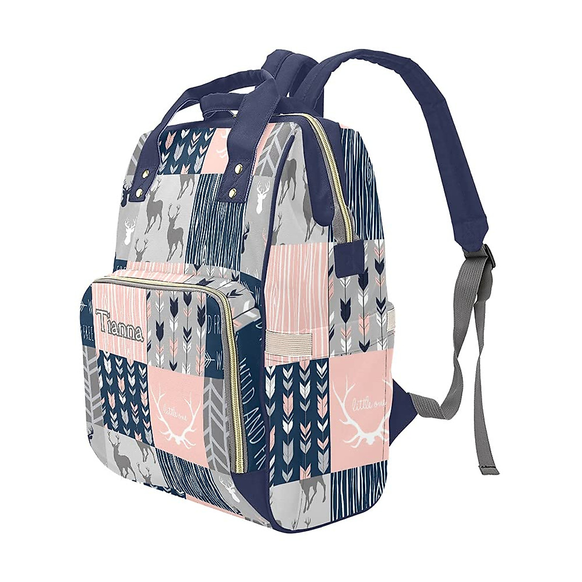 Antlers Elk Deer Feather Arrow Patchwork Blue Diaper Bags with Name Waterproof Mummy Backpack Nappy Nursing Baby Bags Gifts Tote Bag for Women