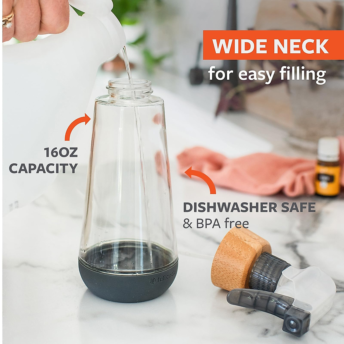 Full Circle Bottle Service - Refillable Glass Spray Bottle for Cleaning - Versatile Stream & Mist Options, Bamboo Details, Silicone Boot - Ideal for Non-Toxic Solutions & Plant Care, 16oz, Gray