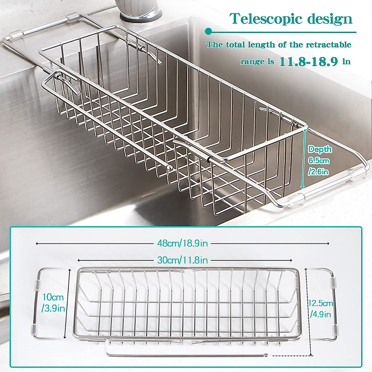 YQh Kitchen Sponge Holder, Sink Caddy，Sink Storage Rack Holder Adjustable，Over Sink Expandable(11.8''-18.9'') Brush Soap Storage Rack，Rust Proof Water Proof, No Drilling- Stainless Steel