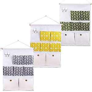 3 Packs Hanging Storage Bag with 7 Pockets and 2 Pothook, Waterproof Wall Door Organizer for Bedroom Bathroom Closet - Minimalist Style (Stripe - 3 Color)