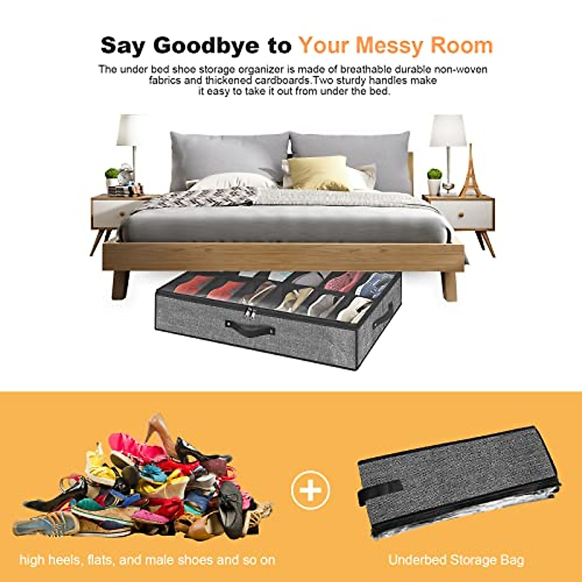 Under Bed Shoe Storage Organizer for Closet Fits 24 Pairs-Sturdy Underbed Shoe Containers Box Bedding Storage Organizador De Zapatos with Clear Cover,Set of 2, 29.3 x 23.6 x 5.9inch(Linen-like Black)