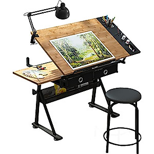 Drafting Desk, Drafting Table, 0-80°Angle Adjustable Drawing Table with 2 Drawers, Art Desk Height Adjustable, Wood Student Study Desk for Painting, Writing, Pen Holder and Art Craft Supplies