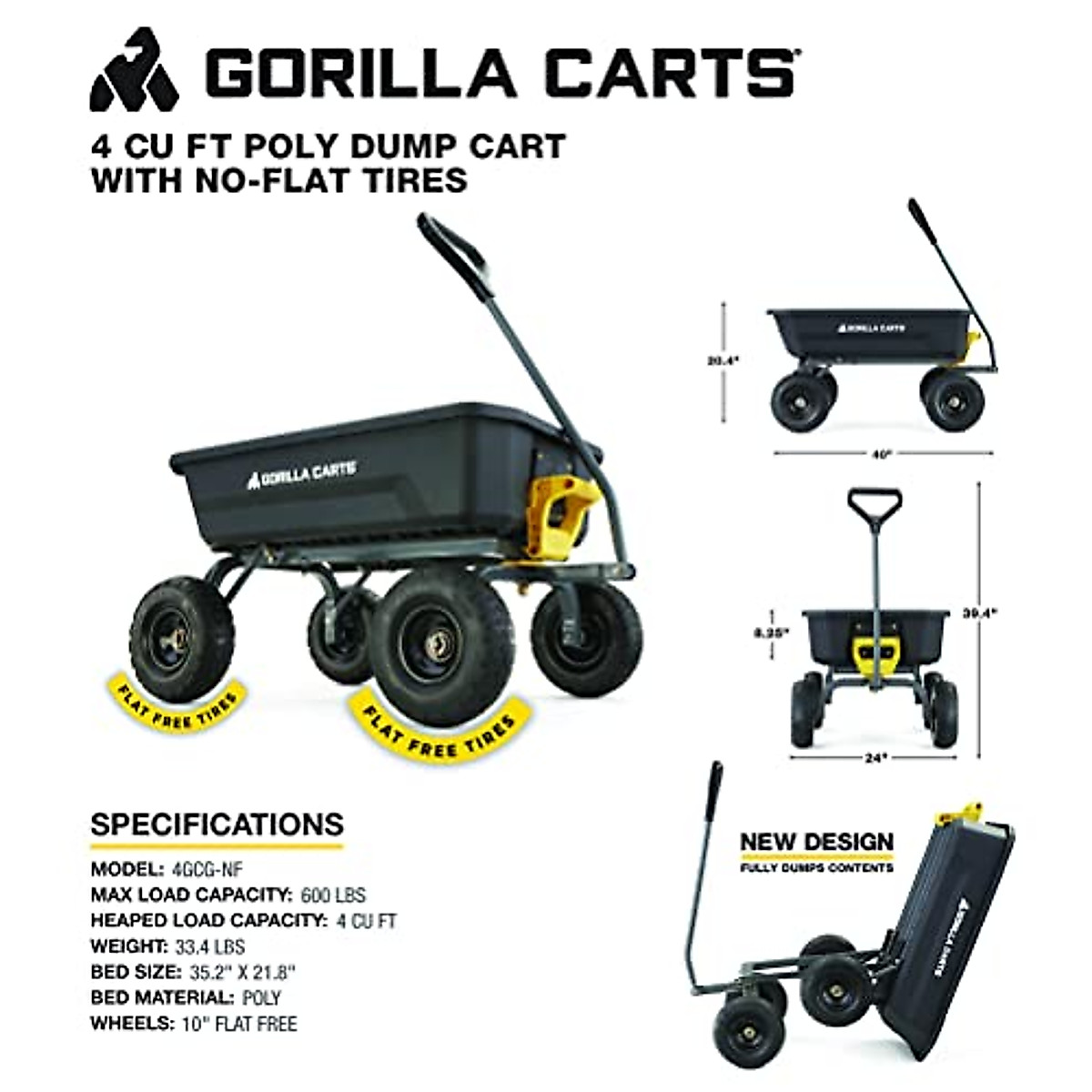 Gorilla Carts 4 Cu Ft Garden Dump Cart - No-Flat Tires