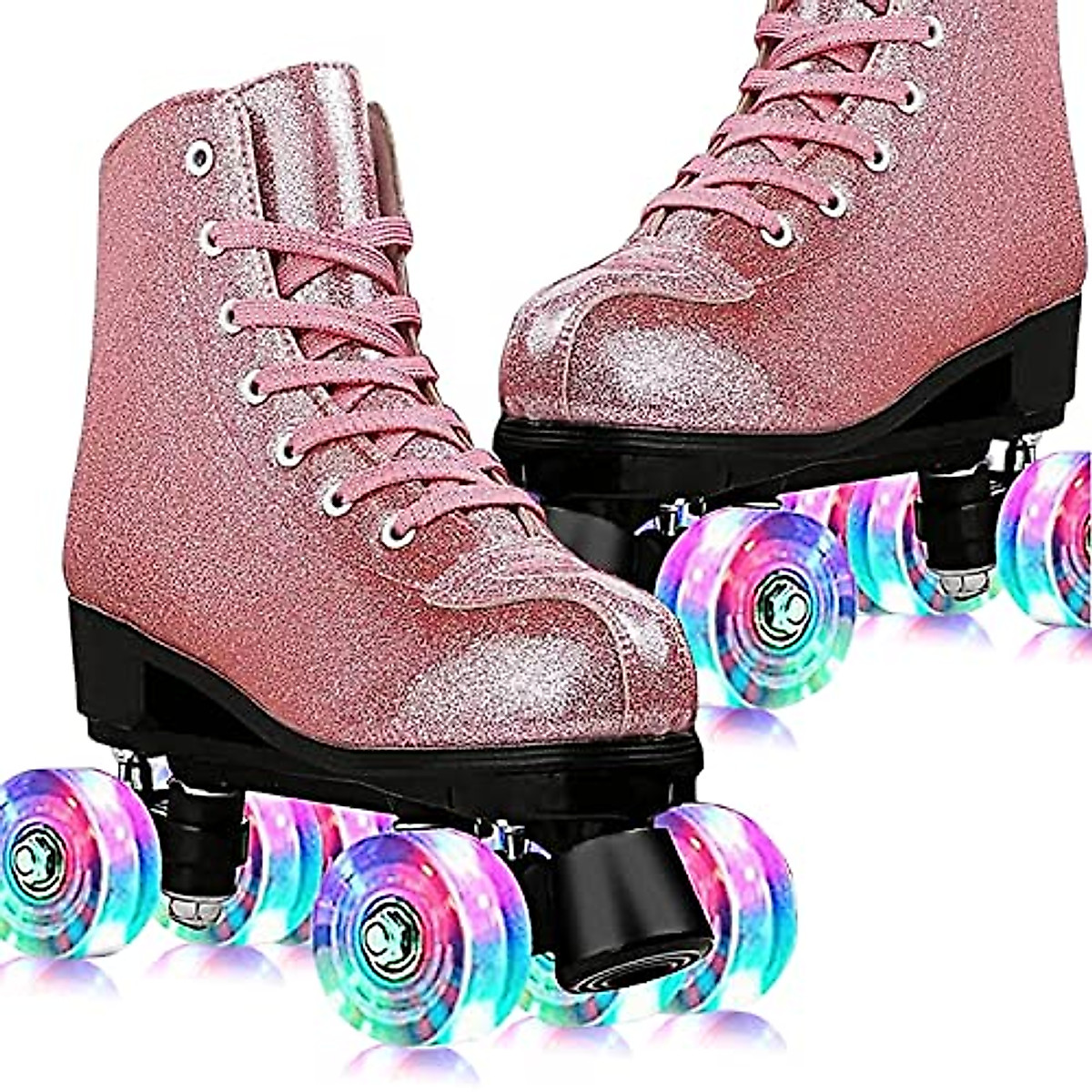 YYW Roller Skate for Women Men Light up Wheel - Double Roller Skater High-top PU Leather Roller Skate Shoes Adjustable PU Roller Skates with Four Piles for Adult Girls Beginners Pink