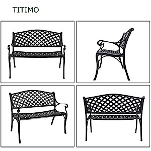 TITIMO 41” Outdoor Garden Bench with Armrests Sturdy Cast Aluminum Porch Loveseat Chair for All-Weather Patio Park Path Yard Lawn Work Entryway Decor Deck (Black)