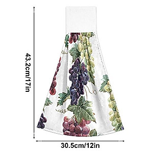 Red White Black Grapes with Green Leaves On White 2 Pcs Hanging Kitchen Hand Towels, Hanging Tie Towels with Hook & Loop Dishcloths Sets, Decorative Absorbent Tea Bar Bath Hand Towel