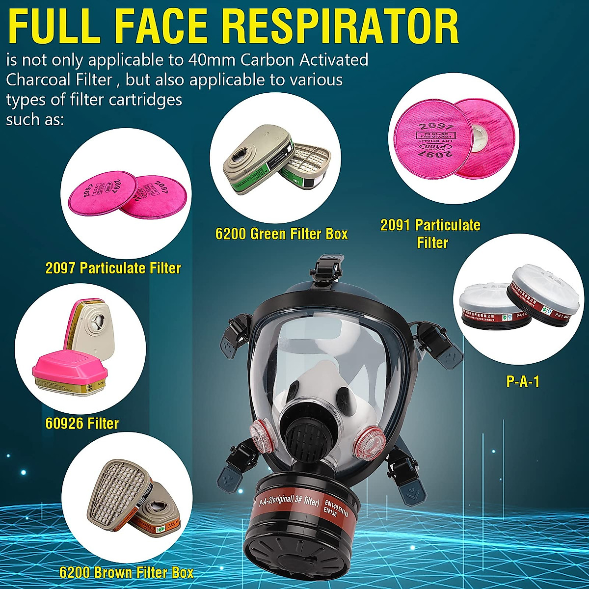 Gas Mask, Full Face Respirator Mask with 40mm Carbon Activated Charcoal Filter Canister - Reusable Large Survival and Chemical Masks for Welding, Vapors, Industrial, Painting, Spray, Polishing