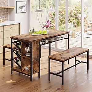 IRONCK 3-Piece Dining Table Set for 4, 47inch Kitchen Table with 2 Benches, Wine Rack and Glass Holder, Space-Saving Dinette for Dining Room, Apartment, Vintage Brown
