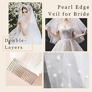 YAEISM Pearl Edge Wedding Veil 2 Tier Beaded Bridal Veils Fingertip Length White Veil Double Layer Pearl Veil with Comb Gorgeous Bachelorette Veil for Bride