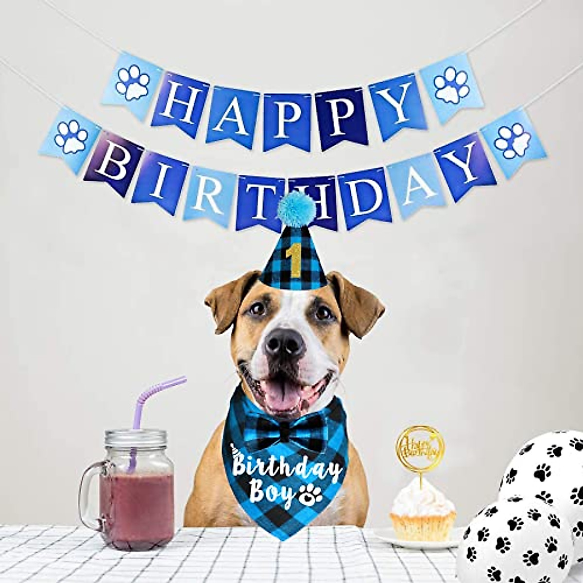 JOTFA Dog Birthday Party Supplies, Plaid Dog Birthday Boy Bandanas with Dog Birthday Party Number Hat Bow Tie Bannner for Small Medium Large Dogs Pets (Light Blue)