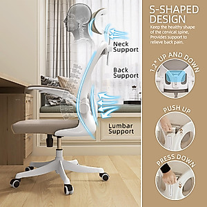 Monhey Home Office Desk Chair Office Chairs, Ergonomic Office Chair with Adjustable Headrest, Lumbar Support and Flip-up Arms, Computer Chair Khaki Mesh Chair for Home Office