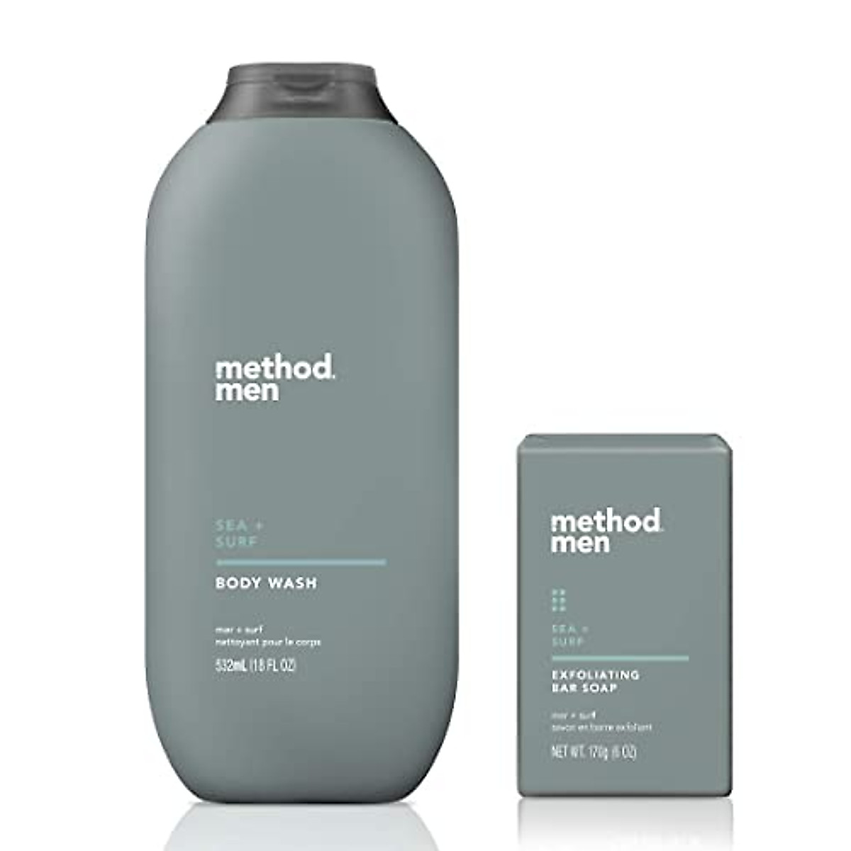Method Men's - Sea + Surf Body Wash 18 Ounce & Sea + Surf Exfoliating Bar Soap, 6 oz - Set of 2