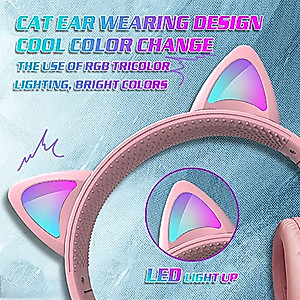 MIDOLA Gaming Bluetooth 5.0 Wireless Cat Ear Headphones Over Ear LED Light Foldable Music Headset with AUX 3.5mm (Built-in) Microphone for Adult & Kids Girl Boy Game Pad Laptop Cellphone Pink