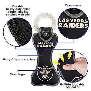 Pets First NFL Las Vegas Raiders Football Dental Tough Dog TUG Bone Toy with Built-in Squeaker Attached to a Safe Rubber Teething Toothbrush PET Toy, Team Color, (OAK-3310), 14 x 5