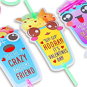 Valentines Day Gift for Kids 24 Pack of Crazy Loop Straws, Reusable Drinking Straws, Bulk Valentine Exchange Cards for Girls Boys School Class Exchange Gifts Prizes Party Favors, 8 Styles.