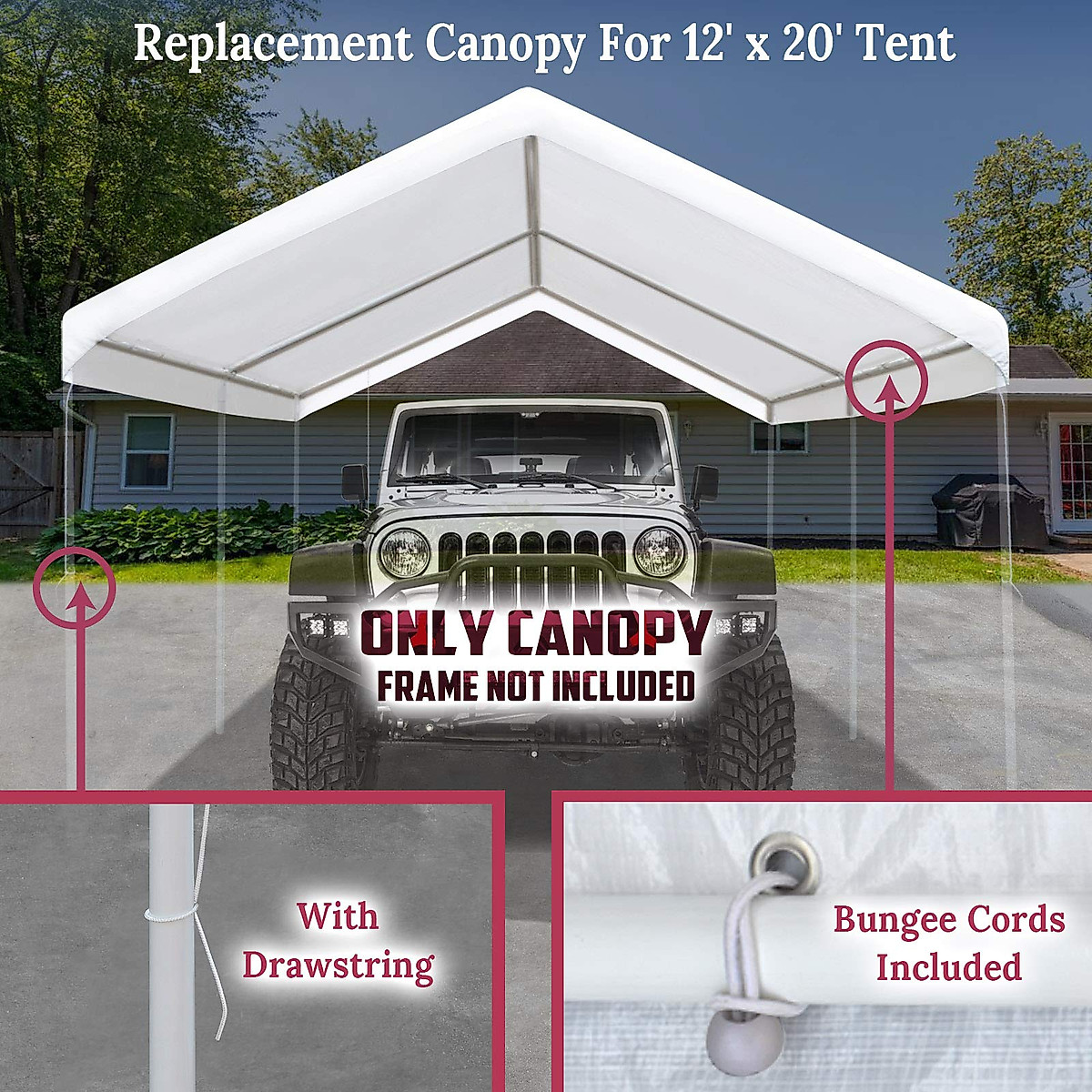 BenefitUSA 12'x20' Carport Canopy Tent Garage Replacement Top Tarp Car Shelter Cover w/Ball Bungees (with Edge)