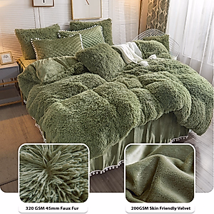 LIFEREVO Luxury Plush Shaggy Duvet Cover Set, Soft Fluffy Furry Duvet Cover Set(1 Faux Fur Fuzzy Comforter Cover+2 Pom Poms Velvet Pillowcases)Solid Bedding Set, Zipper Closure(Full/Queen, Sage Green)
