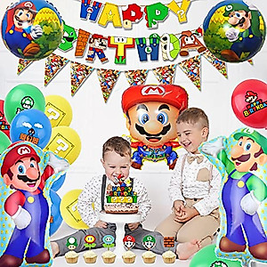 Su-perr M-arioo Birthday Party Supplies,44pcs Su-perr M-arioo Party Decorations Set-Su-perr M-arioo Bros Balloons,M-arioo Balloons Banner etc Su-perr M-arioo Theme Birthday Party Supplies for Boy Kids