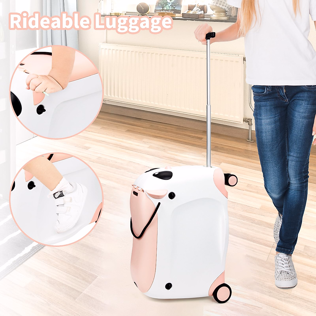 LemoHome Ride on Suitcase for Kids,21" Tow-Along Kids Luggage,Carry-On Cute Bag with Wheels,Airplane Toddler Suitcase,Hard Shell Travel Luggage For Girls Boys (Pink)