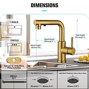 CREA Sink Faucet, Gold Kitchen Faucets with Pull Down Sprayer, Bathroom Sink Faucets Mini Bar Prep Faucet Single Handle 3 or 1 Hole Utility Faucet Laundry Outdoor Tap