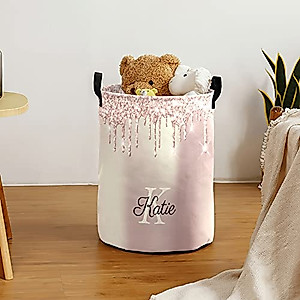 MakeUnique Gold Rose Glitter Drop Personalized Laundry Baskets with Name Waterproof Clothes Laundry Hampers Bathroom Toy and Sundries Collection Storage Bin with Handles, 19.69inch(H)x14.17inch(D)