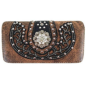 Western Style Rhinestone Conchos Studded Floral Conceal Carry Purse Country Handbag Women Shoulder Bag Wallet Set Brown