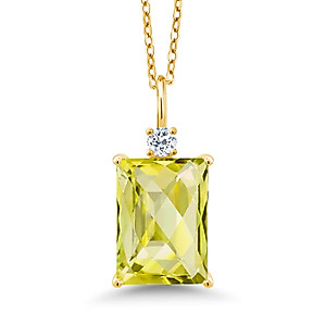 Gem Stone King 18K Yellow Gold Plated Silver Octagon Checkerboard Yellow Lemon Quartz and White Topaz Pendant Necklace For Women (6.99 Cttw, with 18 Inch Chain)