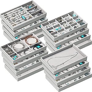 Kenning 16 Pcs Stackable Jewelry Trays Organizer Set for Drawer 8.3x5x1 Small Velvet Jewelry Drawer Insert Storage Holder Closet Dresser Box Divider Ring Earring Display Wedding Gift for Women Girl