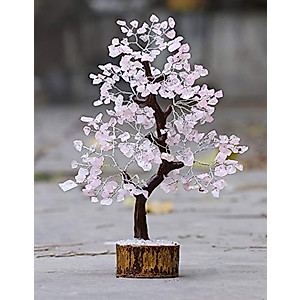 Rose Quartz Gemstone Tree Stone Tree Crystal Tree of Life Prosperity Stones Tree Money Bonsai Tree Feng Shui Tree Handmade Gift for Home Office Decorations Ornament Silver Wire 10-12 Inch